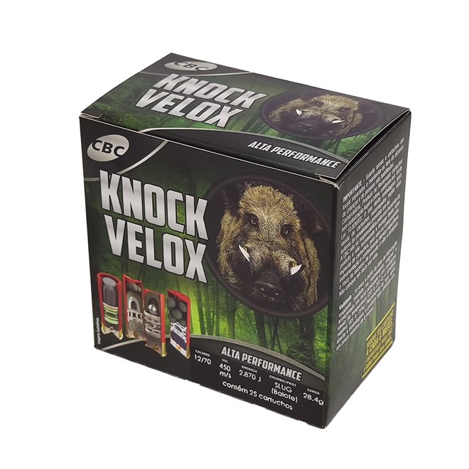 Cartucho CBC 12 GA Câmara 70mm Knock Velox Slug Balote 28,4g Caixa 25un ...