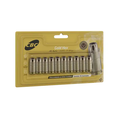 Munição CBC Calibre .45 Auto EXPO 185gr Gold Hex Blister 10un | SK Store